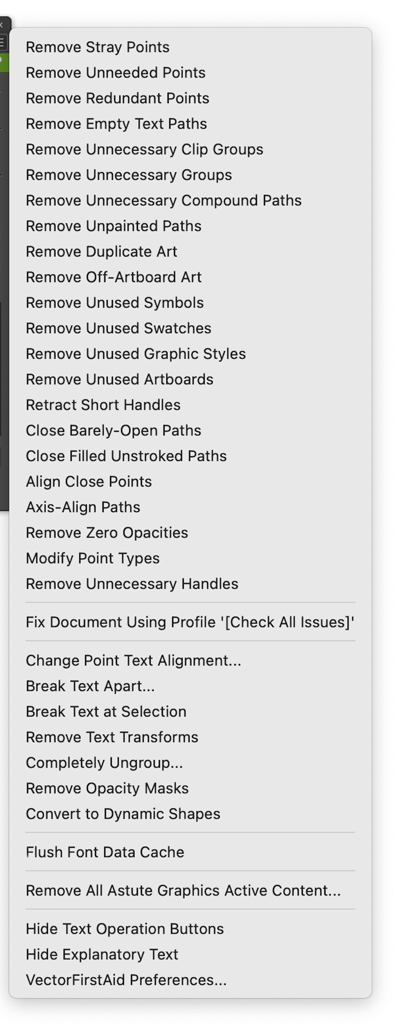 VectorFirstAid Panel Flyout Menu | Astute Graphics Documentation
